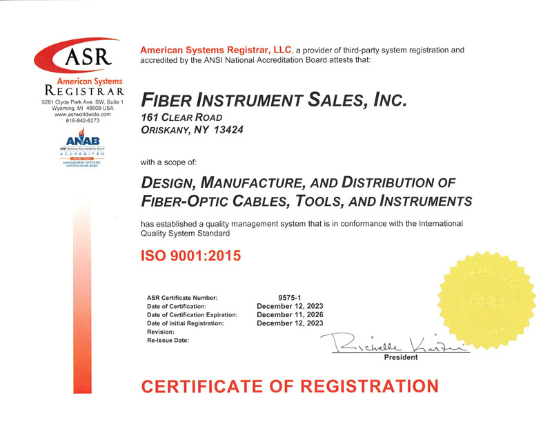 Fiber Instrument Sales is Certified ISO 9001:2015 - Fiber Instrument Sales